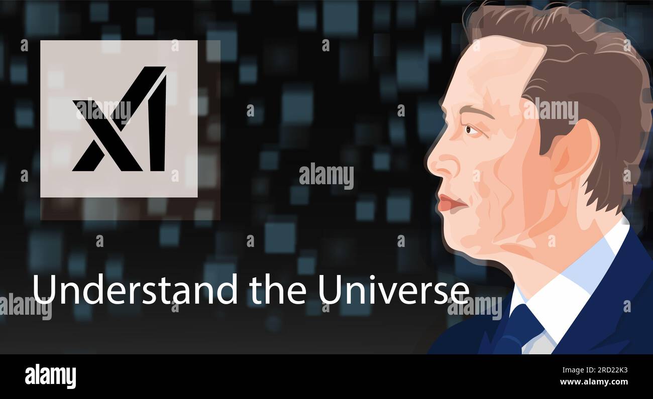 Elon Musk founded xAI. Elon Musk portrait and xAI inscription. July 12 ...