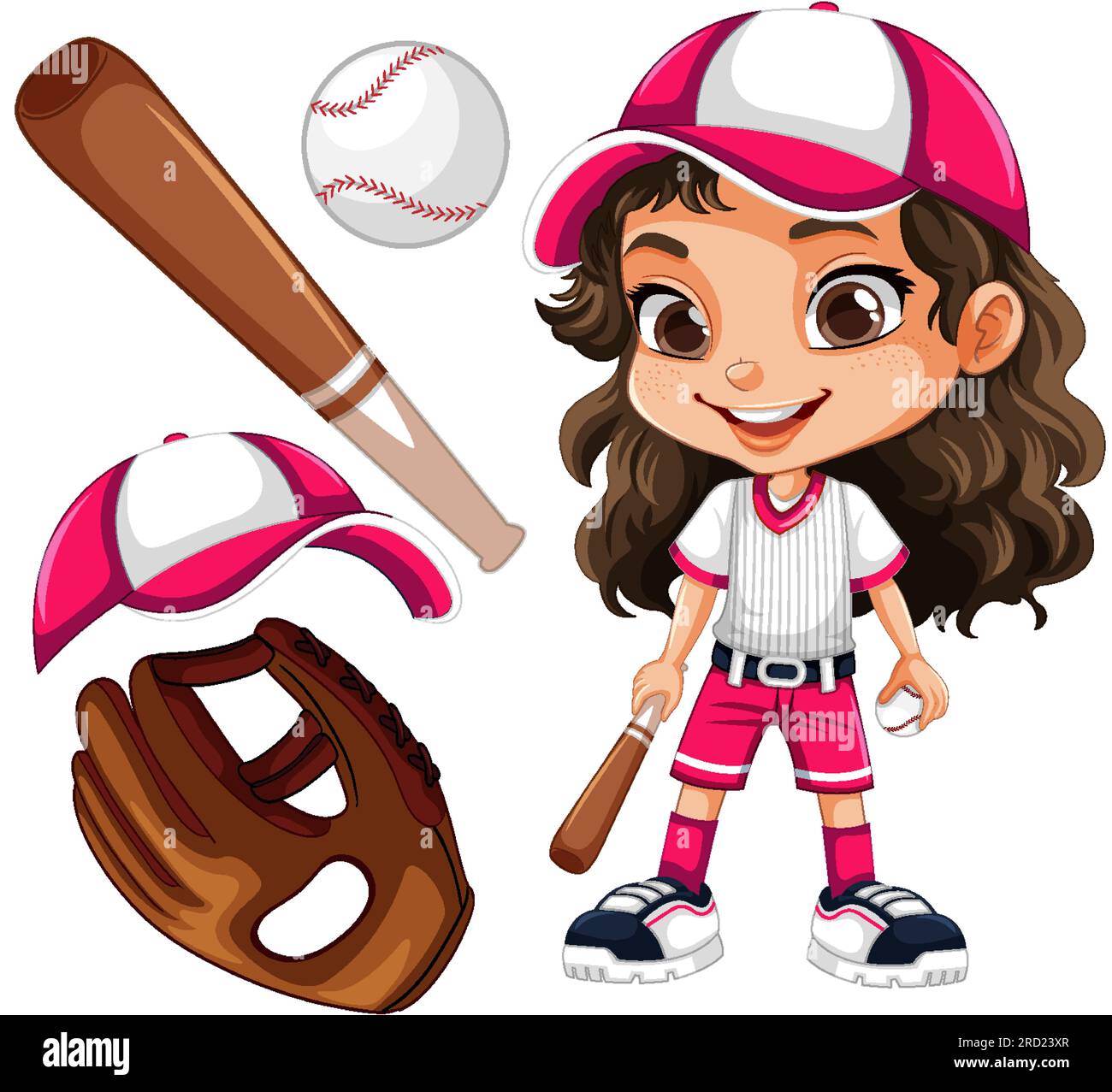 Cute Girl in Baseball Outfit with Baseball Sport Objects illustration ...