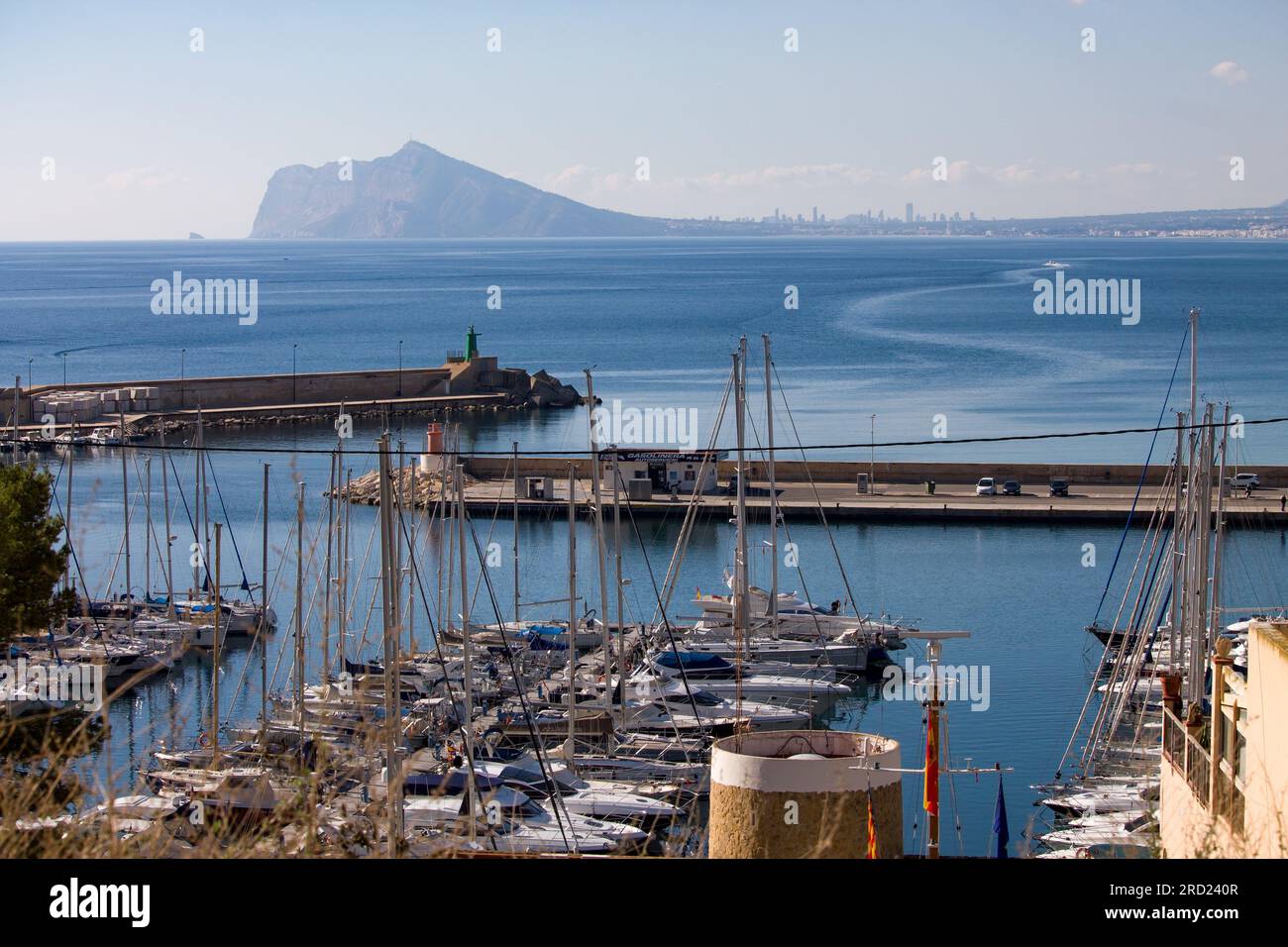 Seascape of the fishing port of Calpe and the Sierra Helada of Benidorm ...