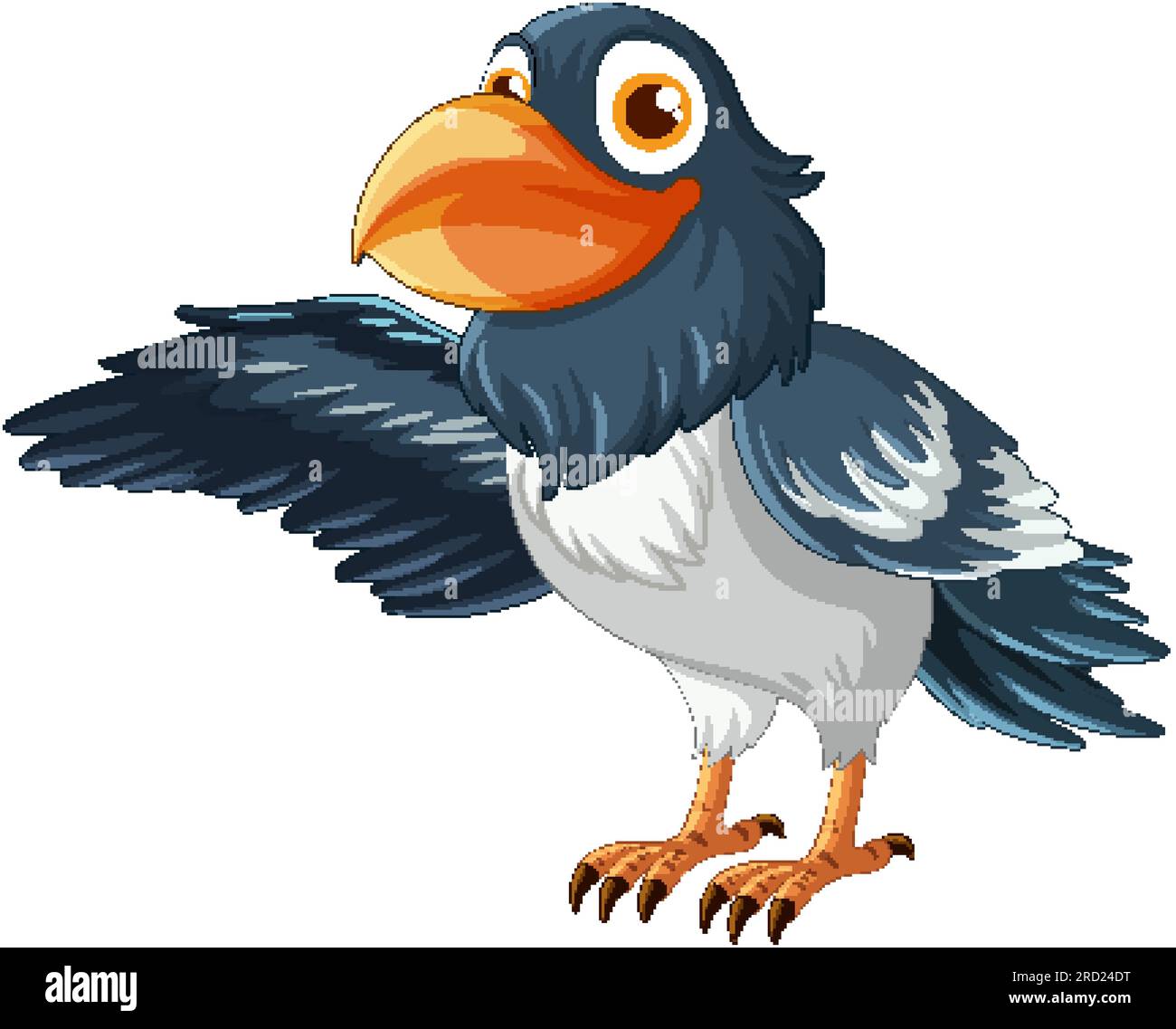 A vector cartoon illustration of a smiling raven with one wing open ...