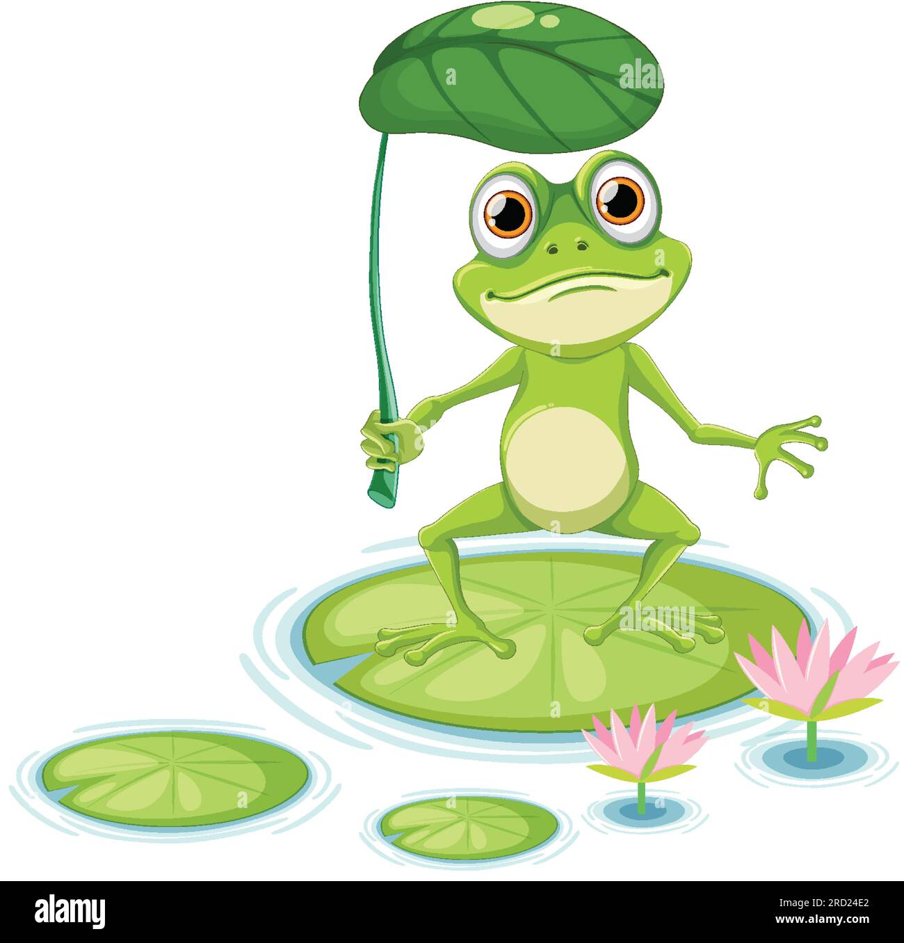 Green Frog Cartoon Character Holding Leaf Umbrella illustration Stock ...