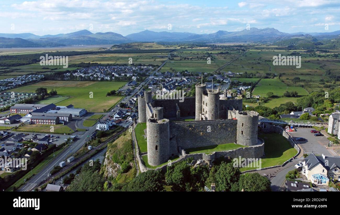 Aerial drone view of Harlech Castle, a hilltop medieval fortification ...