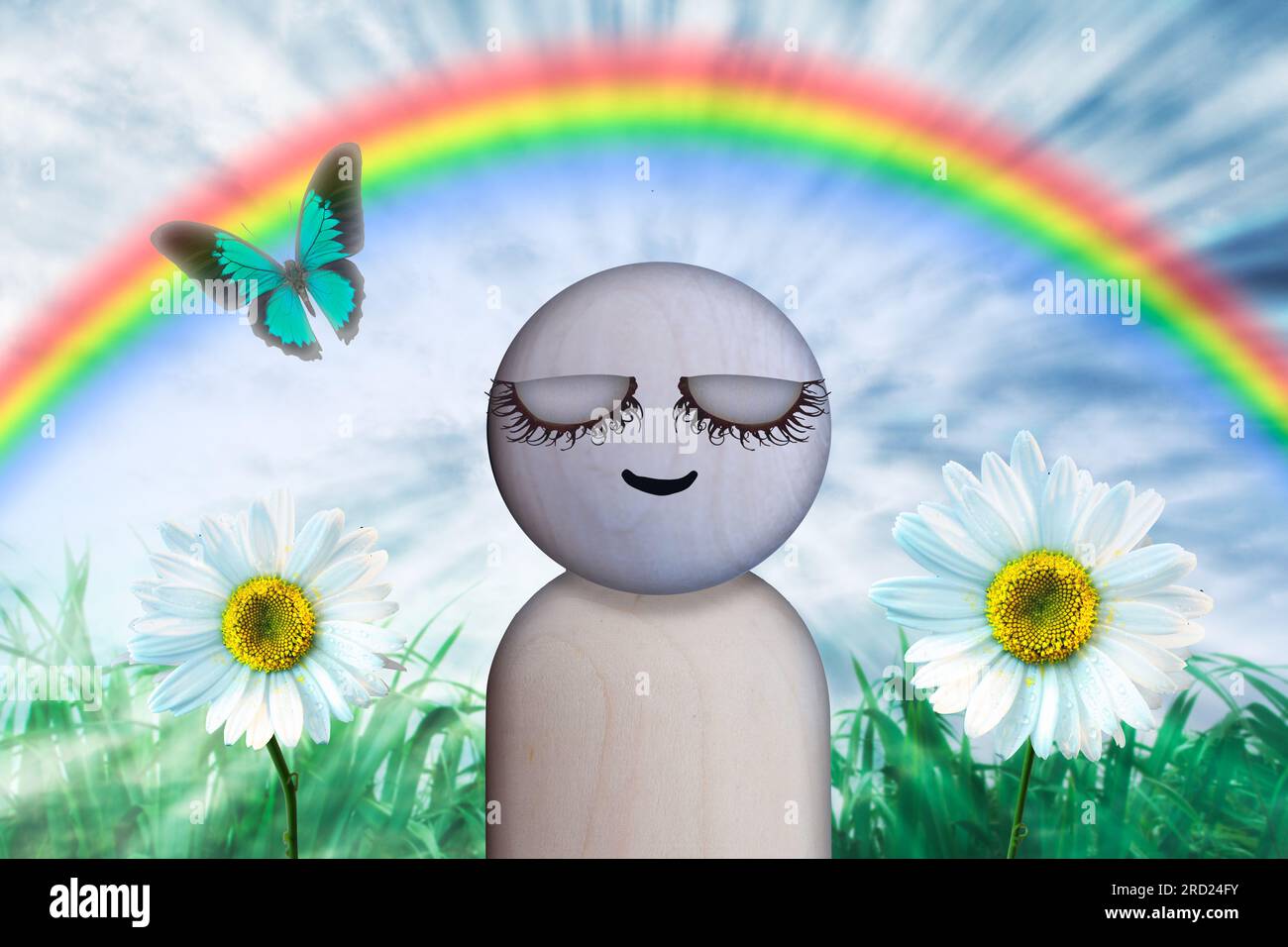 Mental health - radiating joy and happiness under a colorful rainbow ...