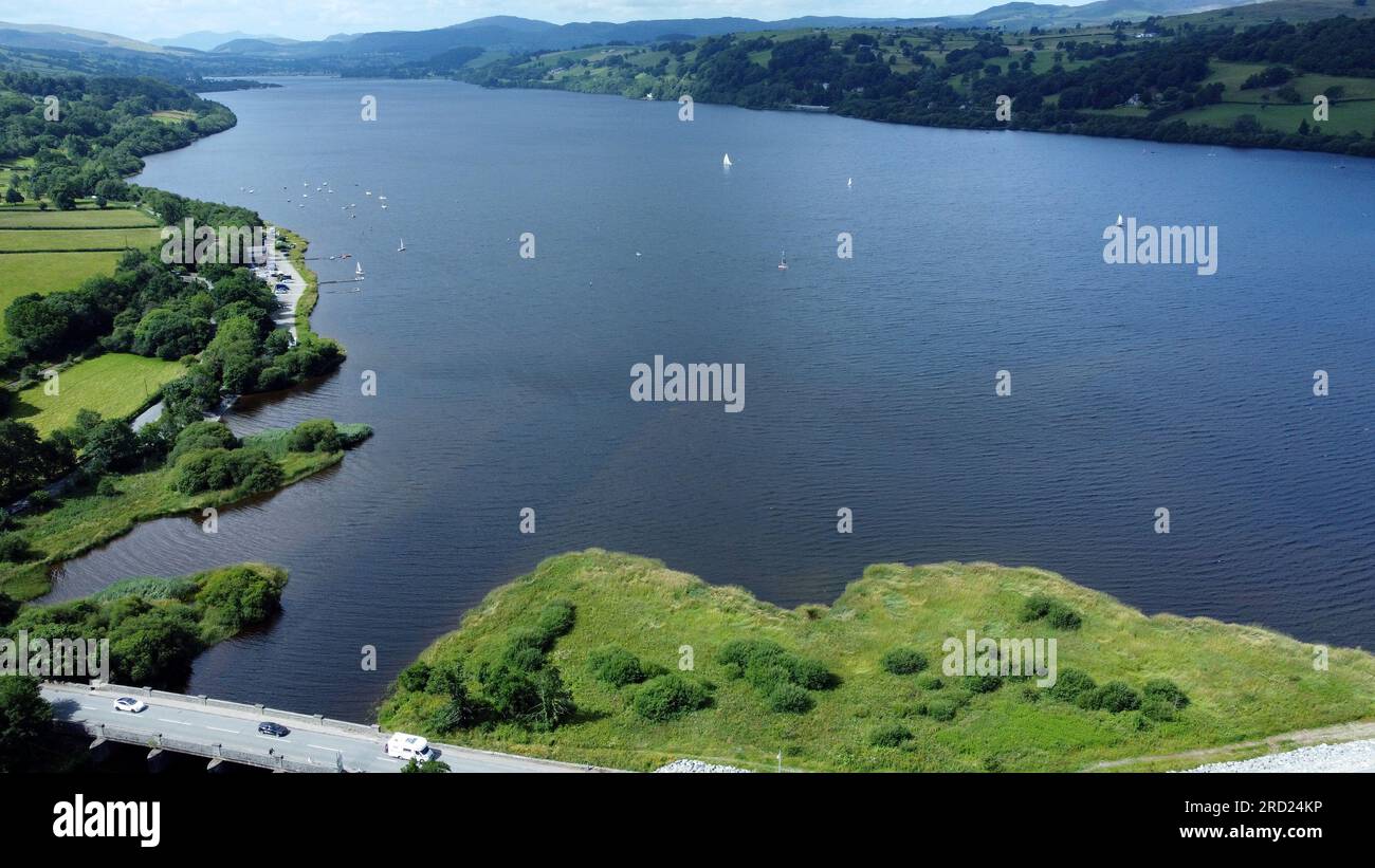 Drone view of yachts and sailing dingies on Lake Bala, Bala, Snowdonia ...