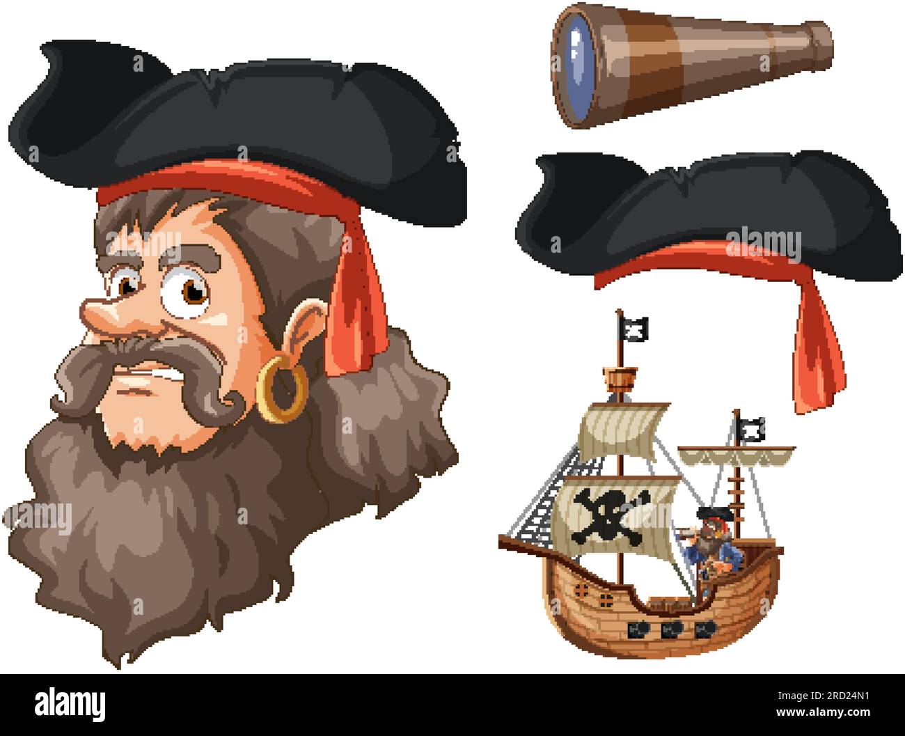 Pirate cartoon character isolated with element set illustration Stock ...