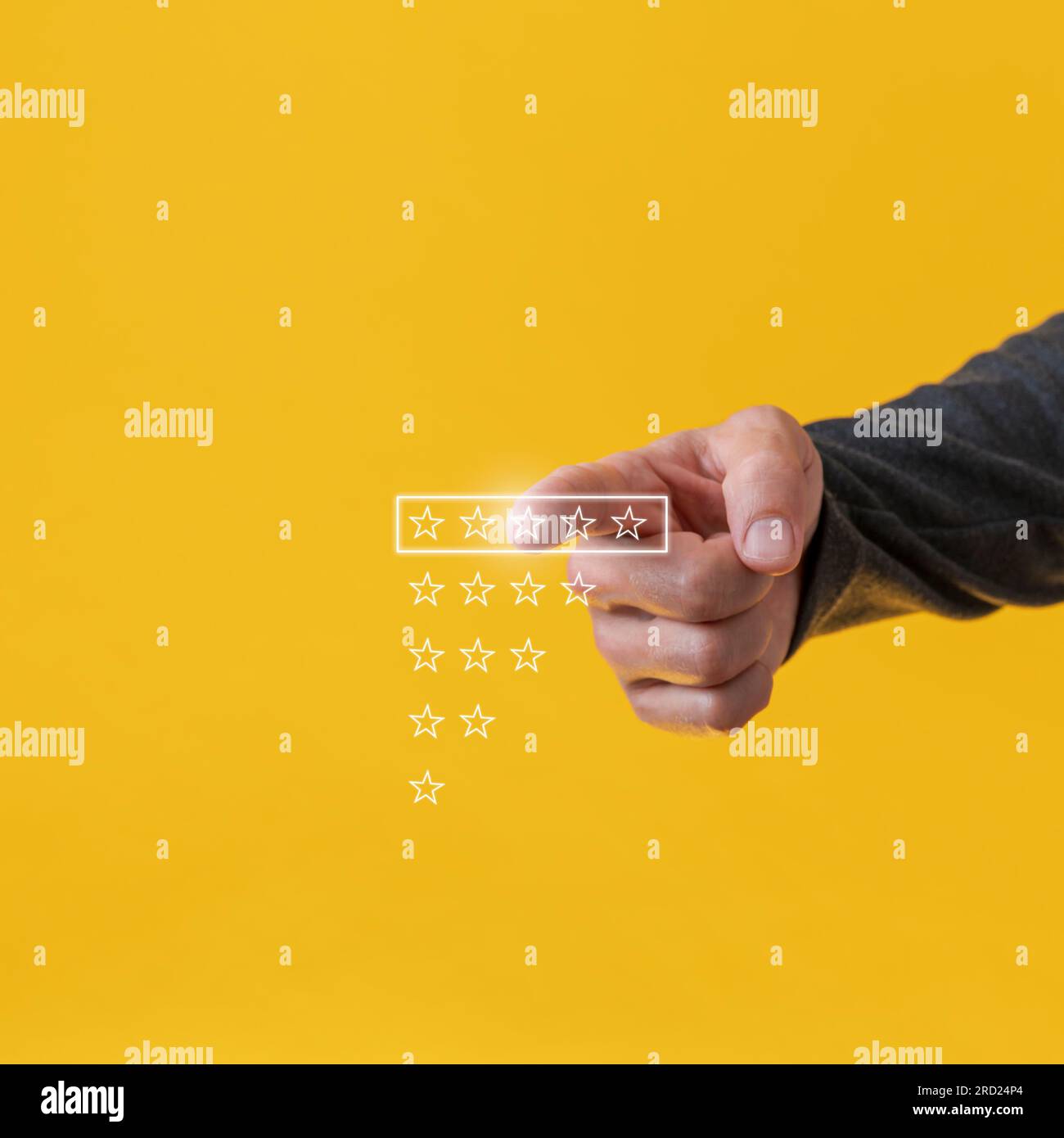 Male finger pressing a five star evaluation point on a scale shining on virtual interface. Over ...