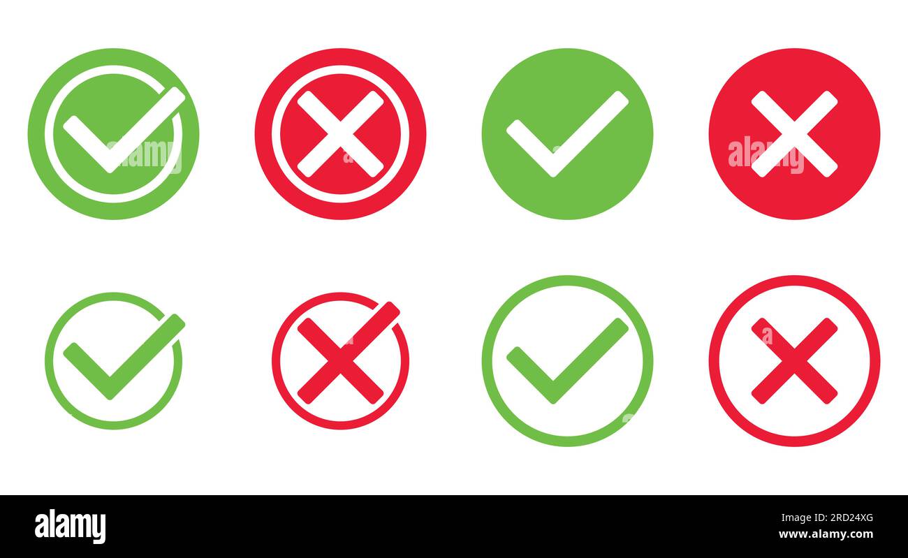 set of green tick and red x in circle, OK check mark and X cross icon symbol, vector ...