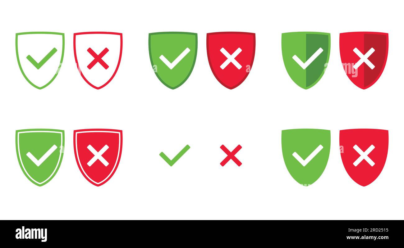 set of green and red shield with OK check mark and X cross icon symbol ...
