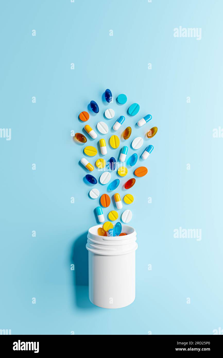 Medical tablets, capsules, and pills pouring out of a container ...
