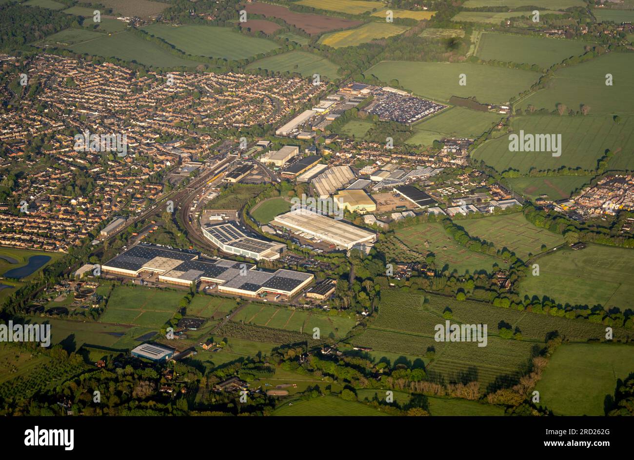 Aerial view of the town of Paddock Wood and the countryside in Kent, UK ...