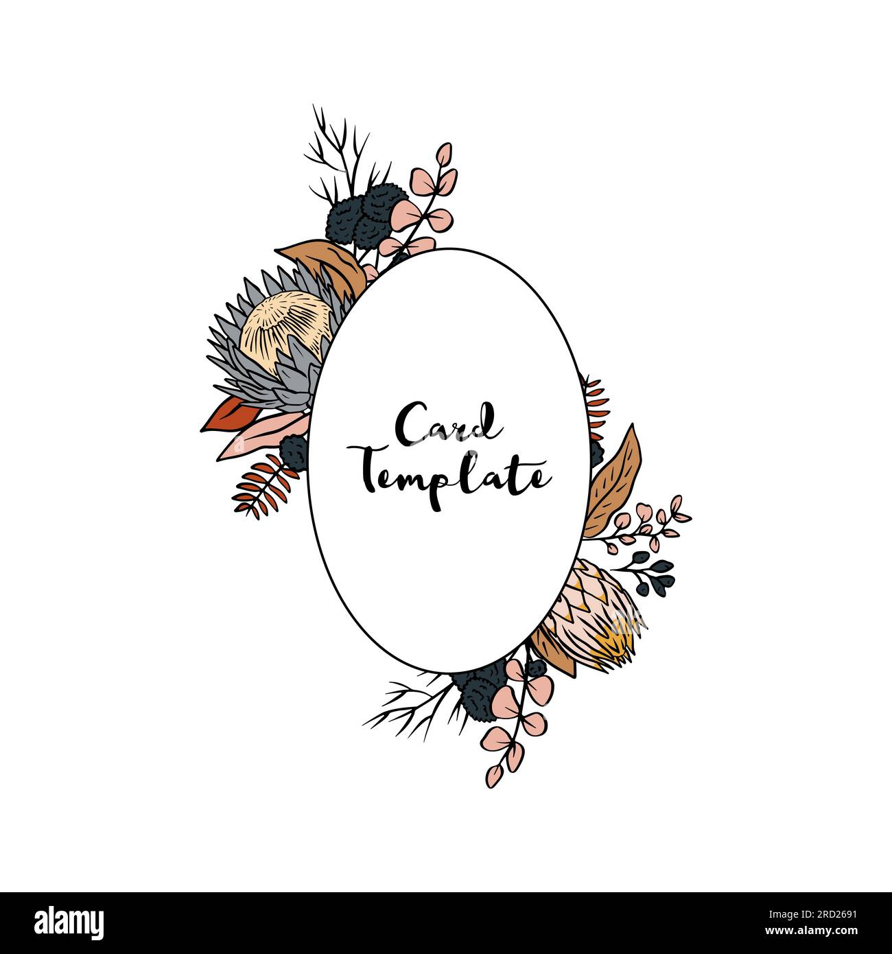 Hand drawn colorful line art tropical protea flower vertical oval frame ...