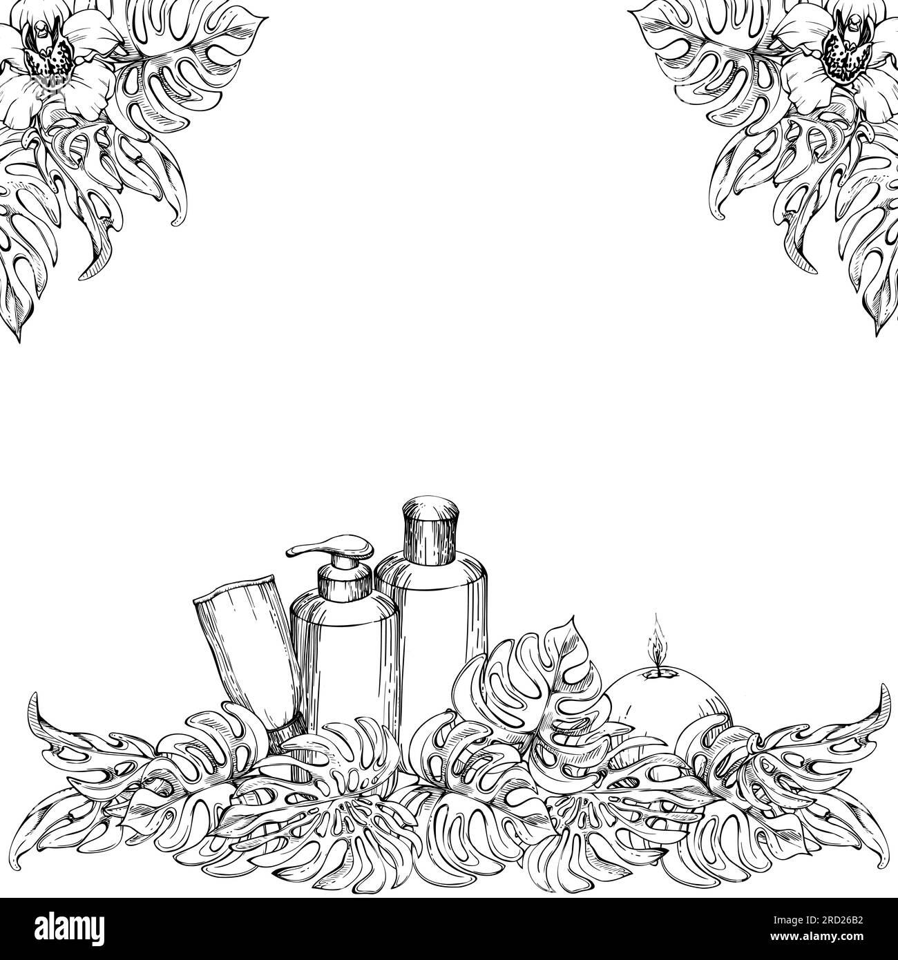 Hand drawn vector ink spa skincare bath beauty products package with ...