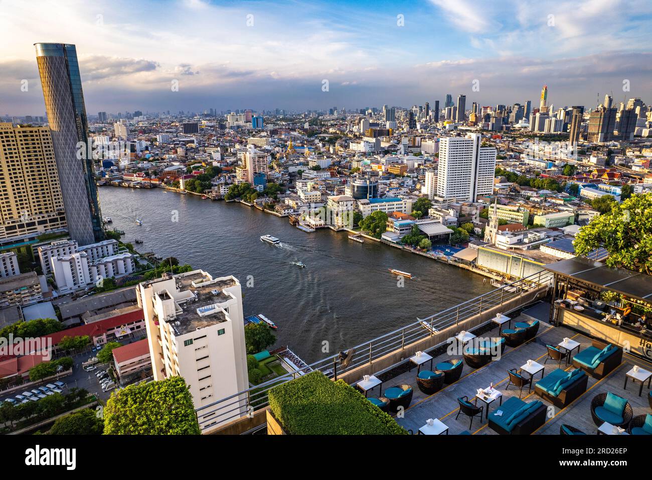 Aerial view of rooftop bar in Khlong San and Chao Phraya river in ...