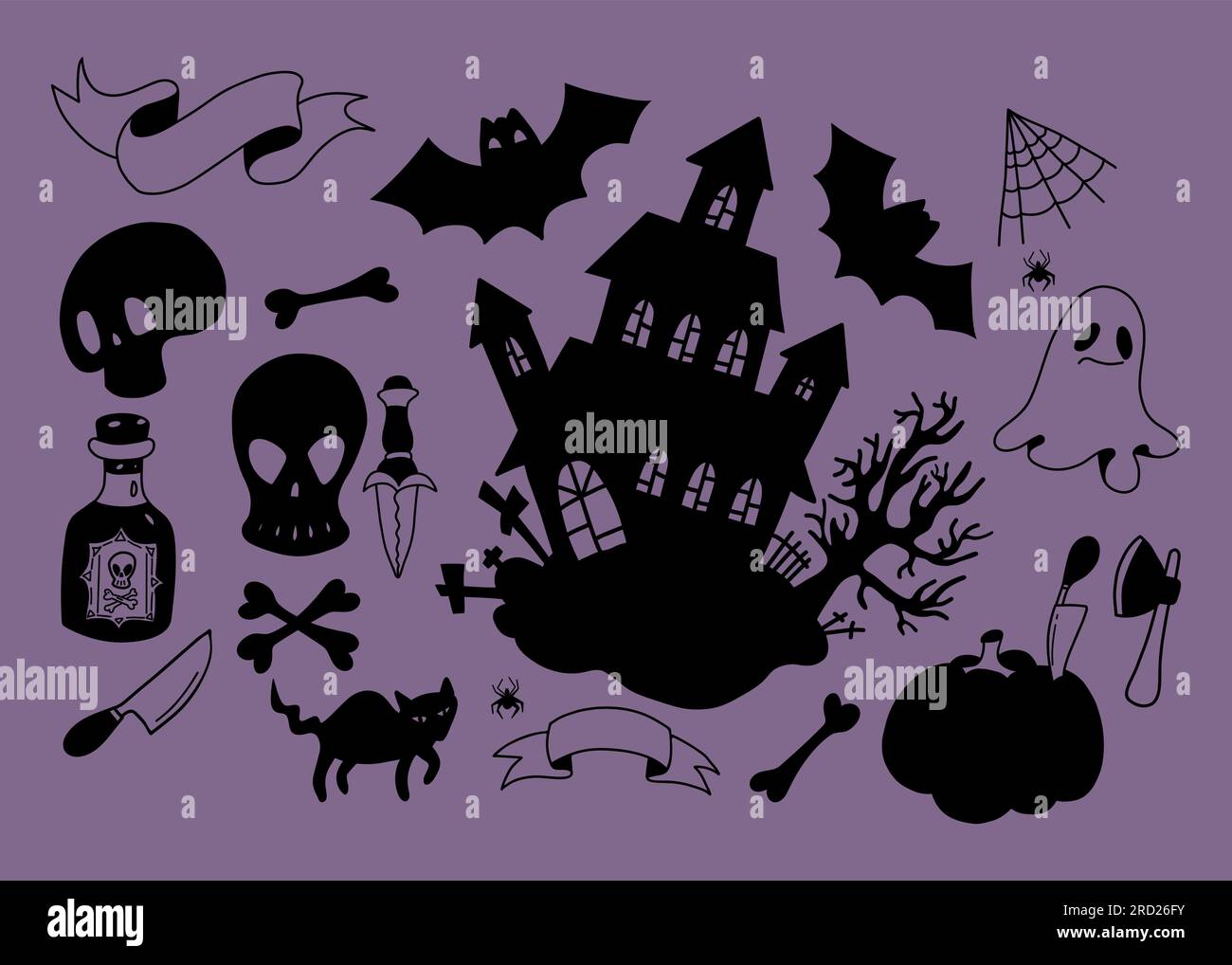 Halloween doodles. Creepy mystical house with bat and cobweb, rum ...