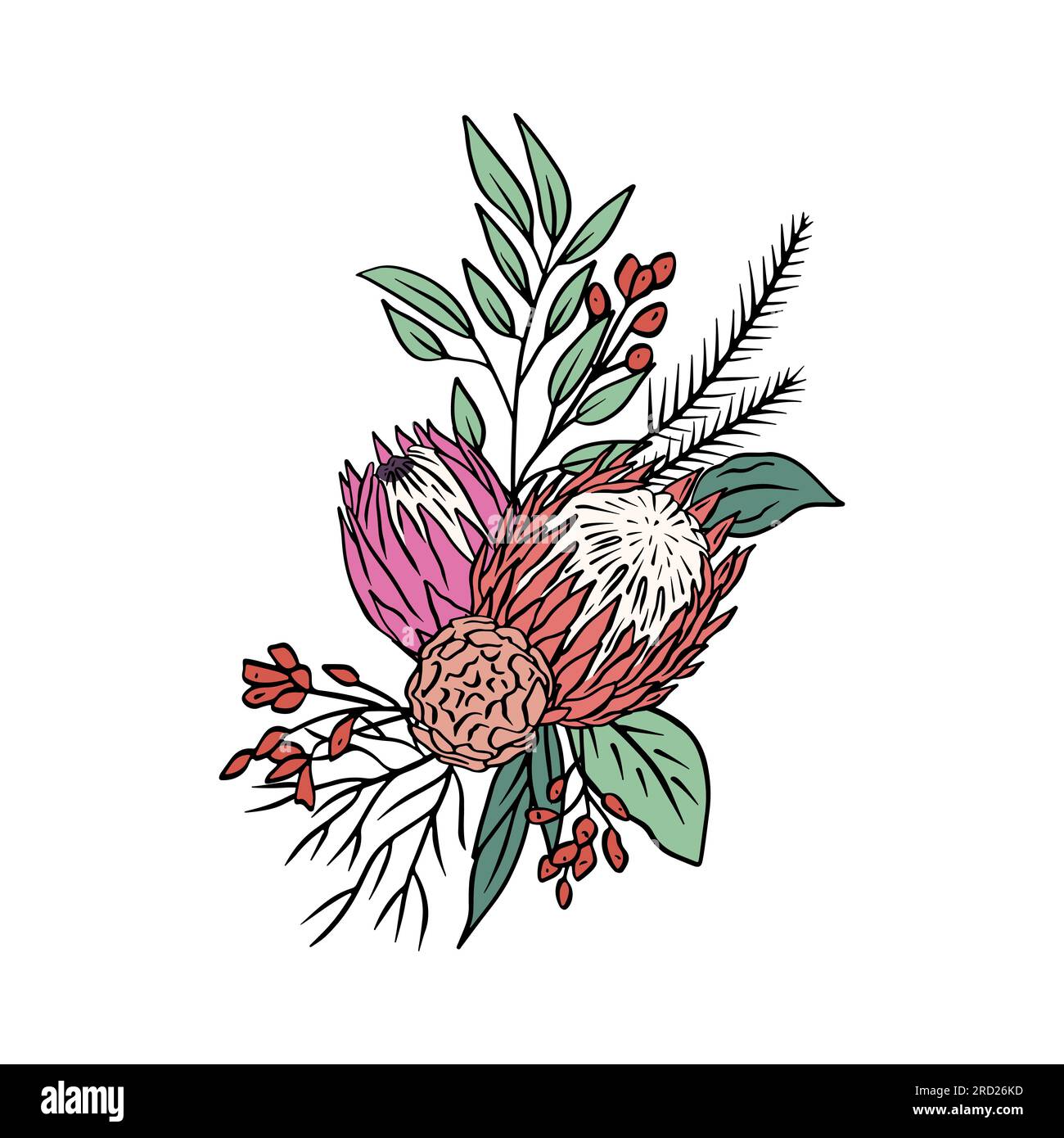 Colorful tropical protea flowers and leaves bouquet Stock Vector Image ...
