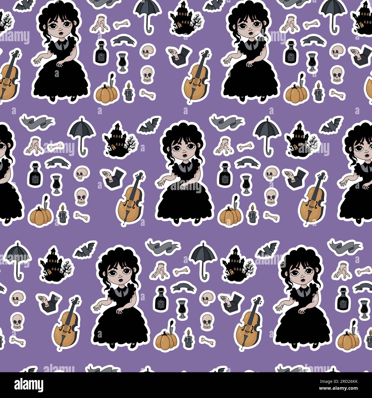 Gothic seamless pattern with fantasy dancing girl on purple background ...