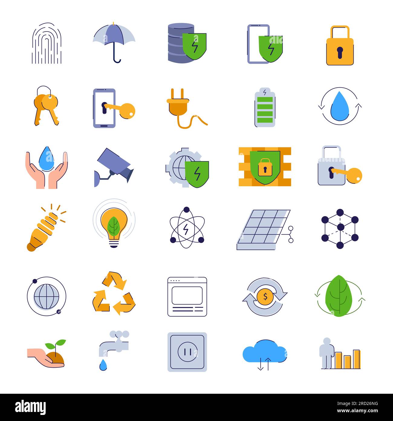 Icon set of renewable energy security protection of electricity ...