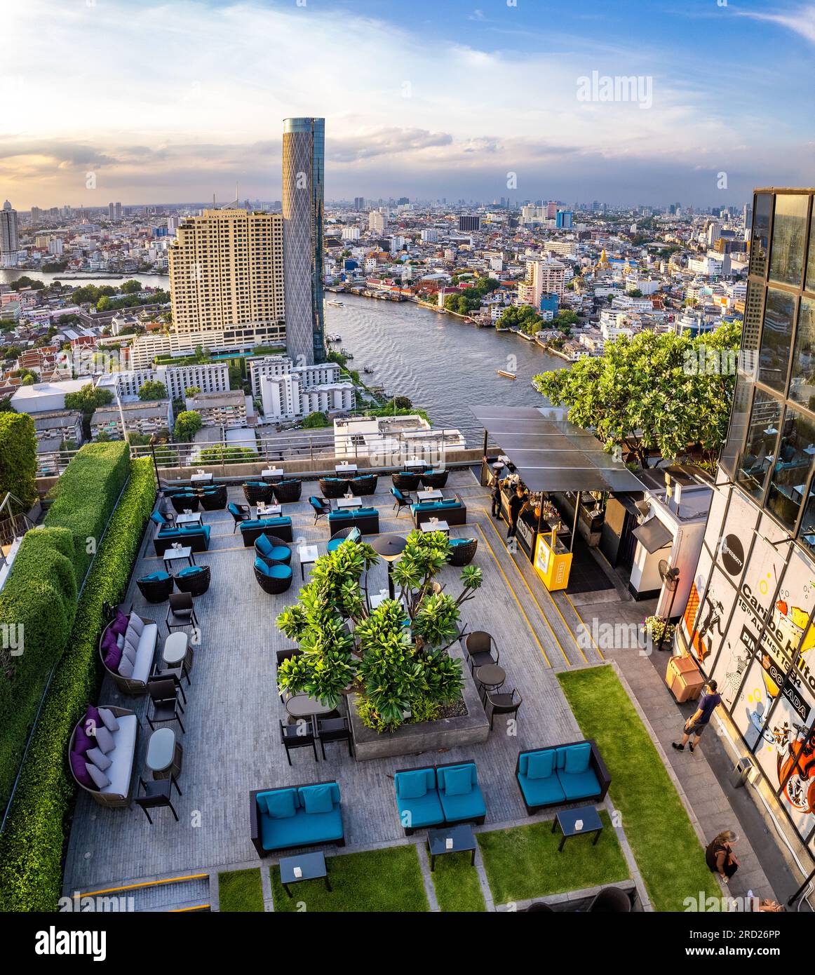 Aerial view of rooftop bar in Khlong San and Chao Phraya river in ...