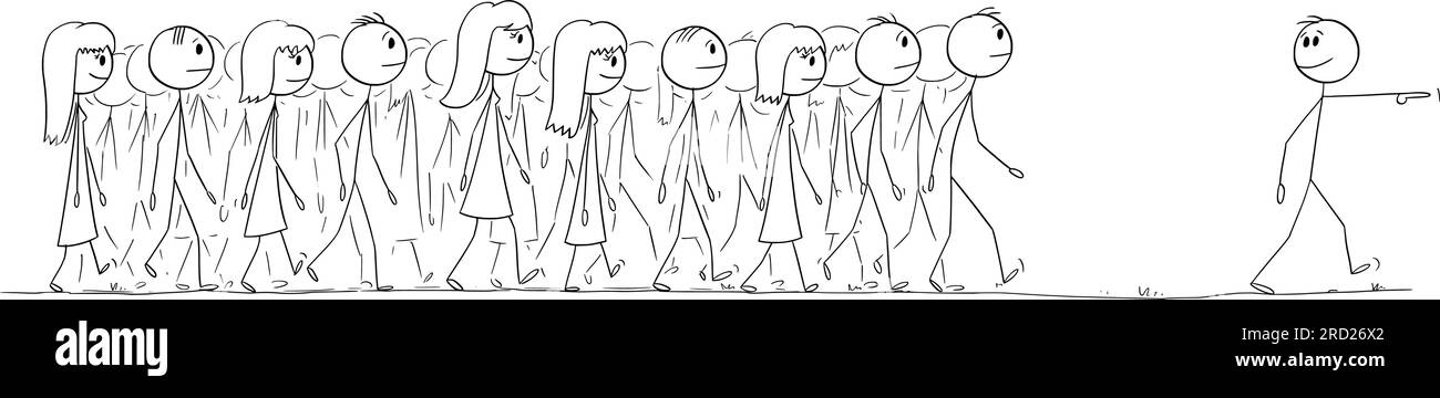 Crowd of People Following Leader, Vector Cartoon Stick Figure ...
