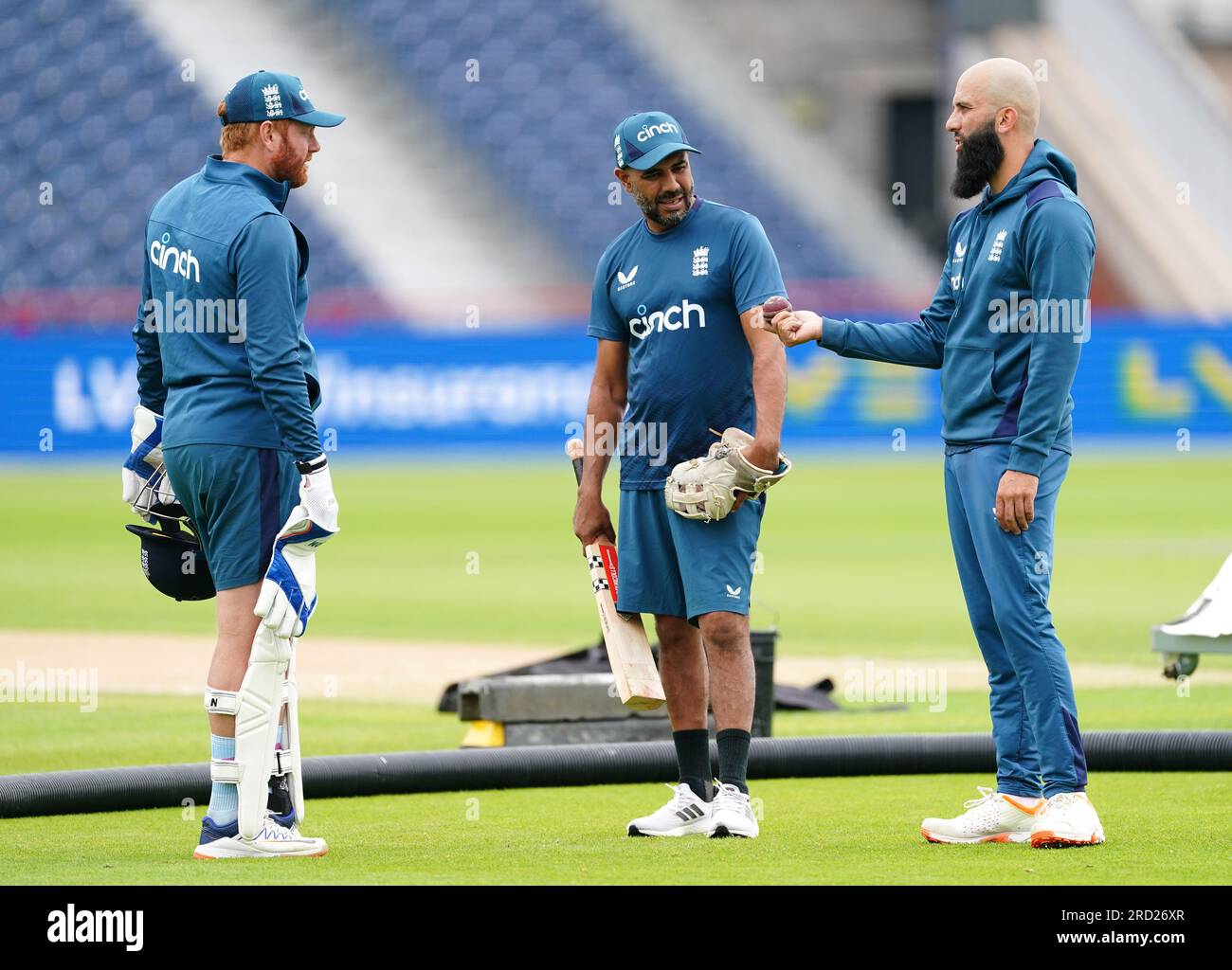 England's Jonny Bairstow, spin bowling coach Jeetan Patel and Moeen Ali ...