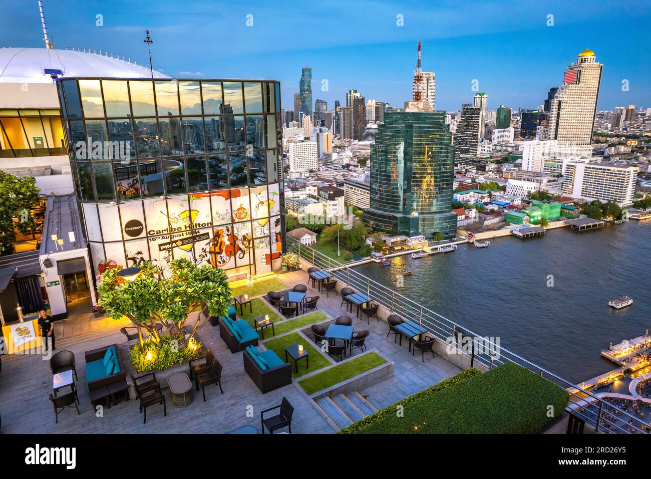 Aerial view of rooftop bar in Khlong San and Chao Phraya river in ...