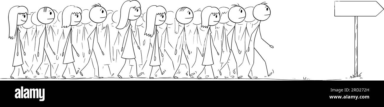 Crowd of People Following Directional Arrow, Vector Cartoon Stick ...