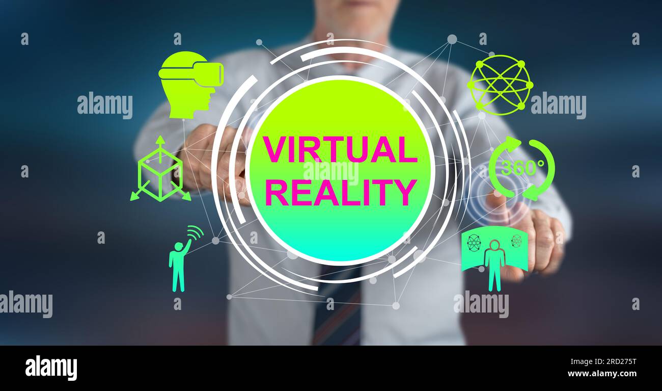 Man touching a virtual reality concept on a touch screen with his ...