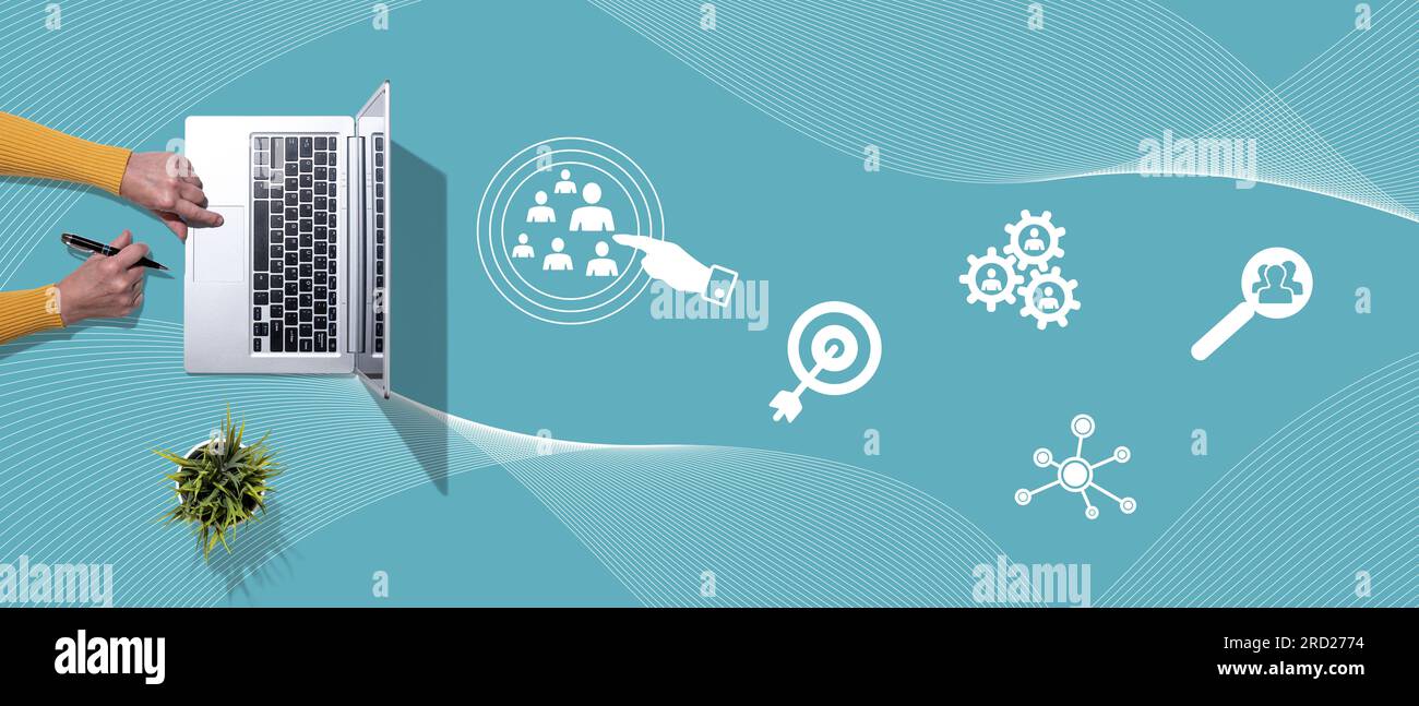 Top view of hands using laptop with symbol of prospects concept Stock ...