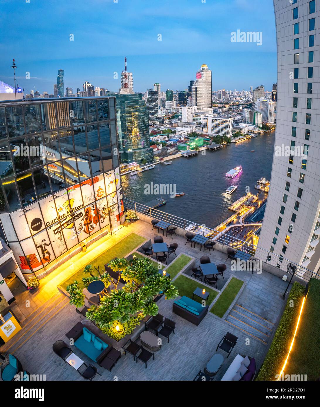 Aerial view of rooftop bar in Khlong San and Chao Phraya river in ...