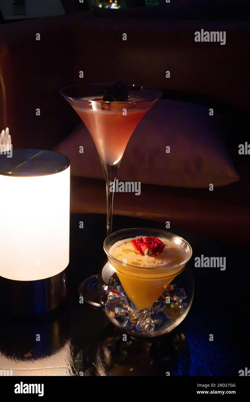 Cocktail in a jazz lounge bar with the view on Chao Phraya river in ...