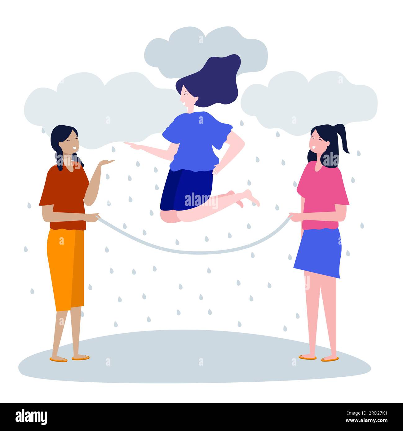 Girl play rope jumping fun cheerful joy activity in outdoor raindrop ...