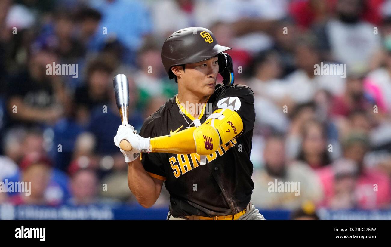 San Diego Padres' Ha-Seong Kim plays during the second baseball game in ...