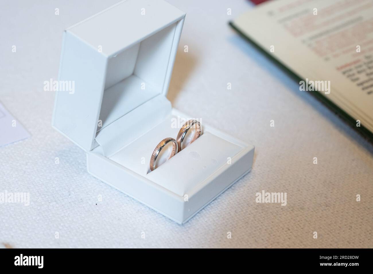 Romantic marriage couple wedding Symbols rings in a white box on a ...