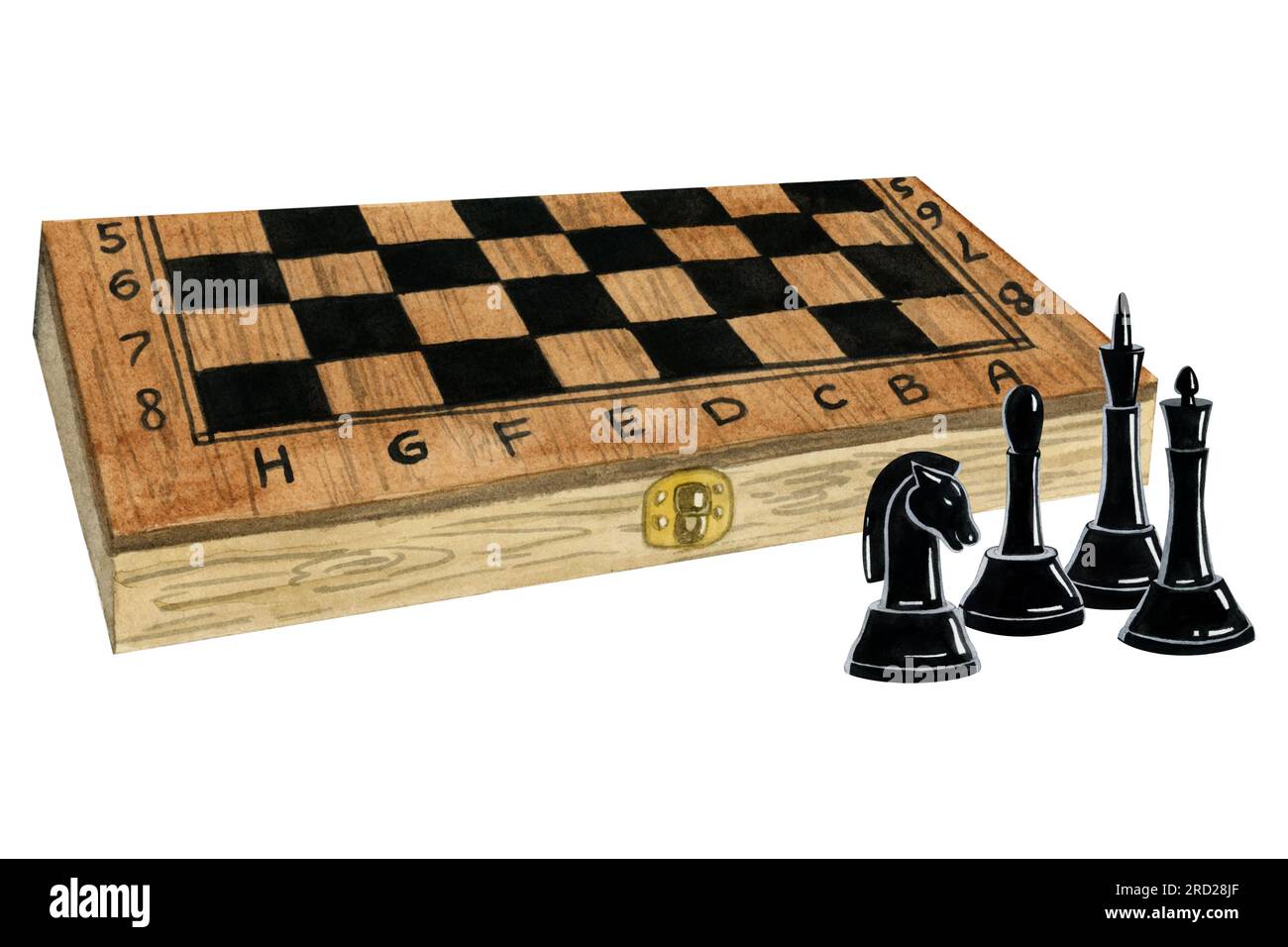 Watercolor closed wooden chess board box with black figures of king ...