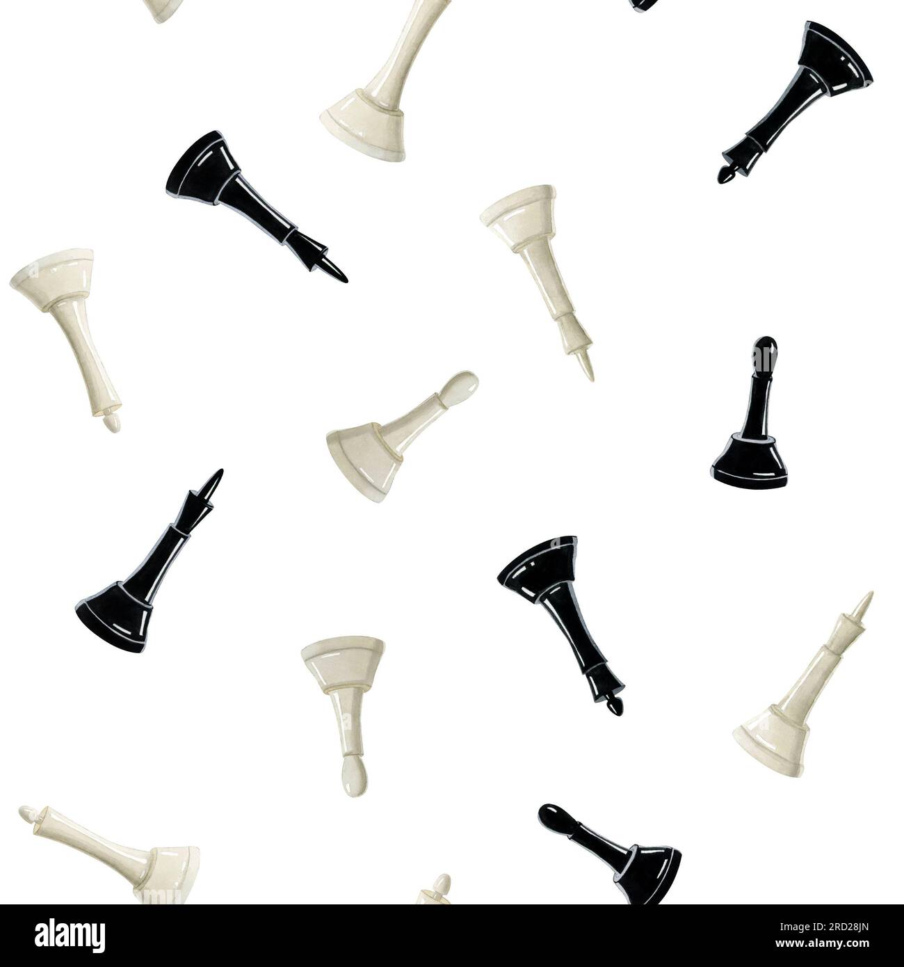 Watercolor black and white chess pieces seamless pattern with king ...