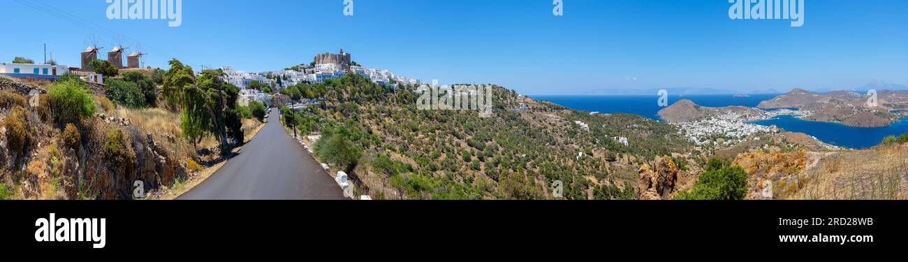 The three windmills of Chora and iconic Monastery of Saint John the ...