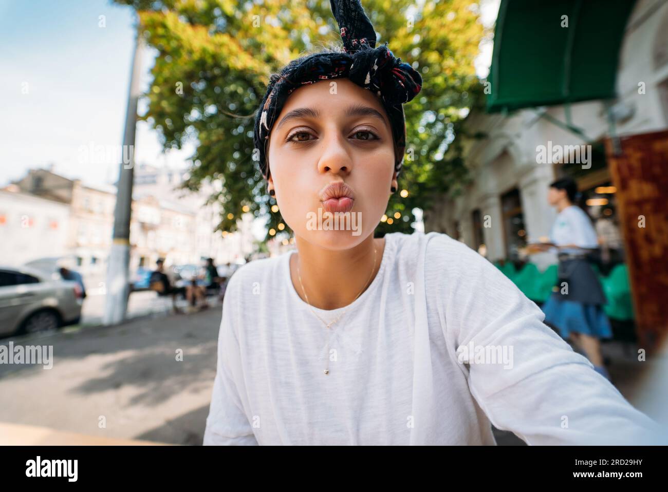 Cute Lovely Girl Sending Blowing Kiss Portrait Of Pretty Woman Sends