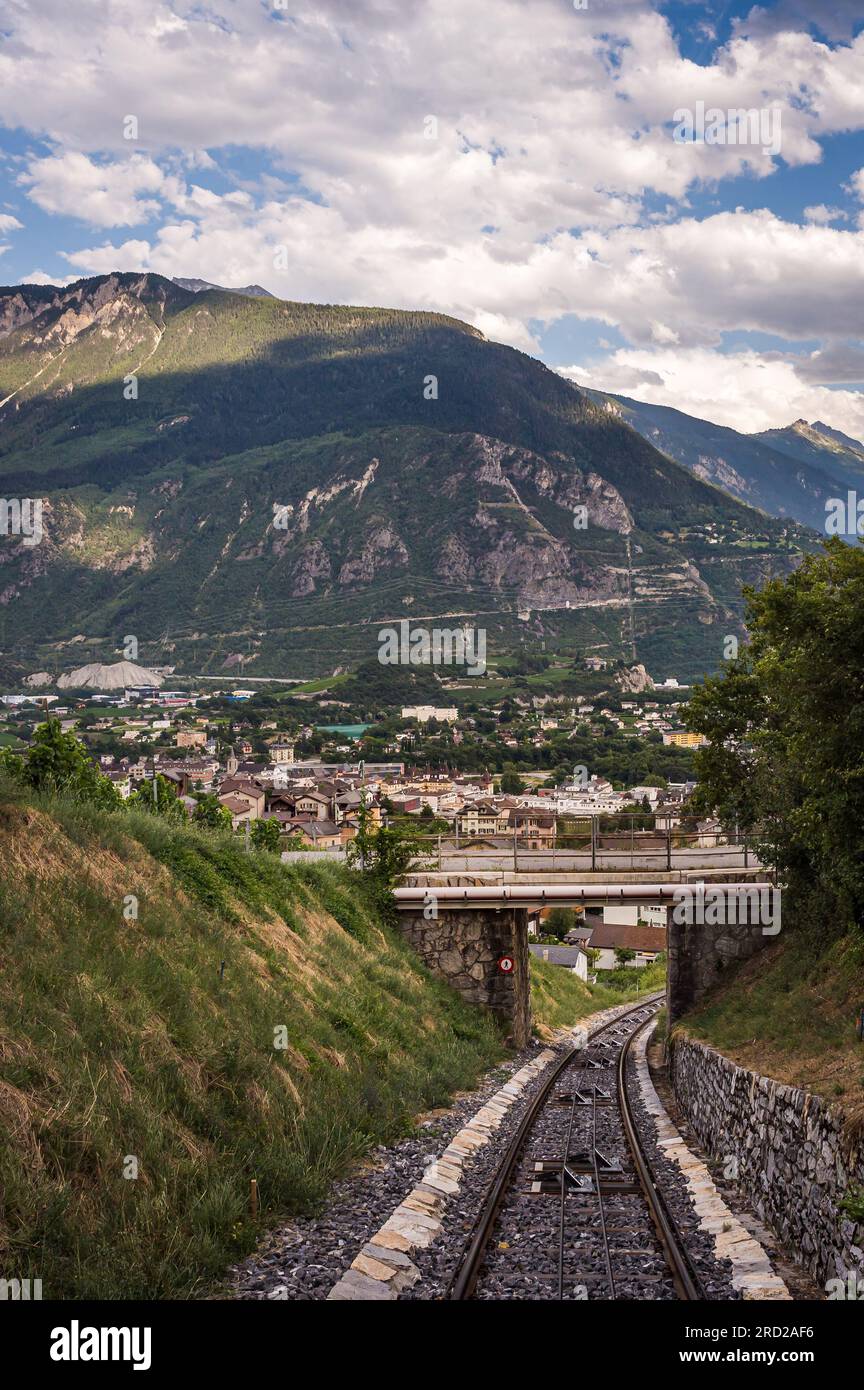 Landscape of Swiss Alps. Mountain, Sierre city, bridge and funicular ...