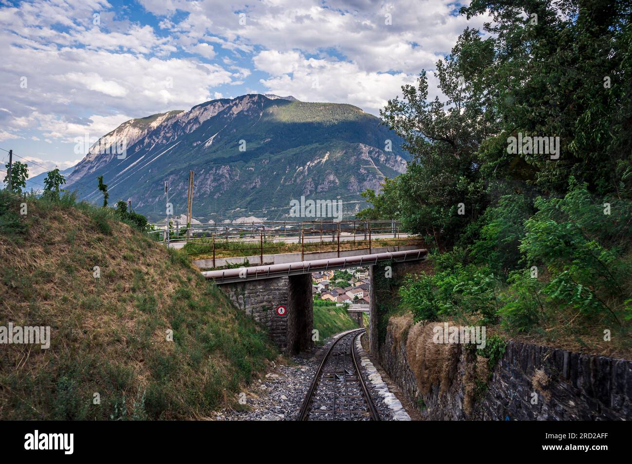 Landscape of Swiss Alps. Mountain, Sierre city, bridge and funicular ...