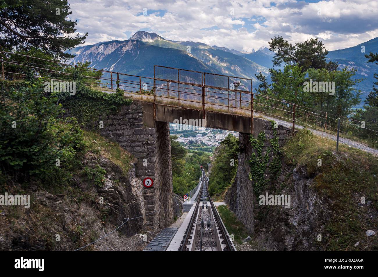 Landscape of Swiss Alps. Mountain, Sierre city, bridge and funicular ...