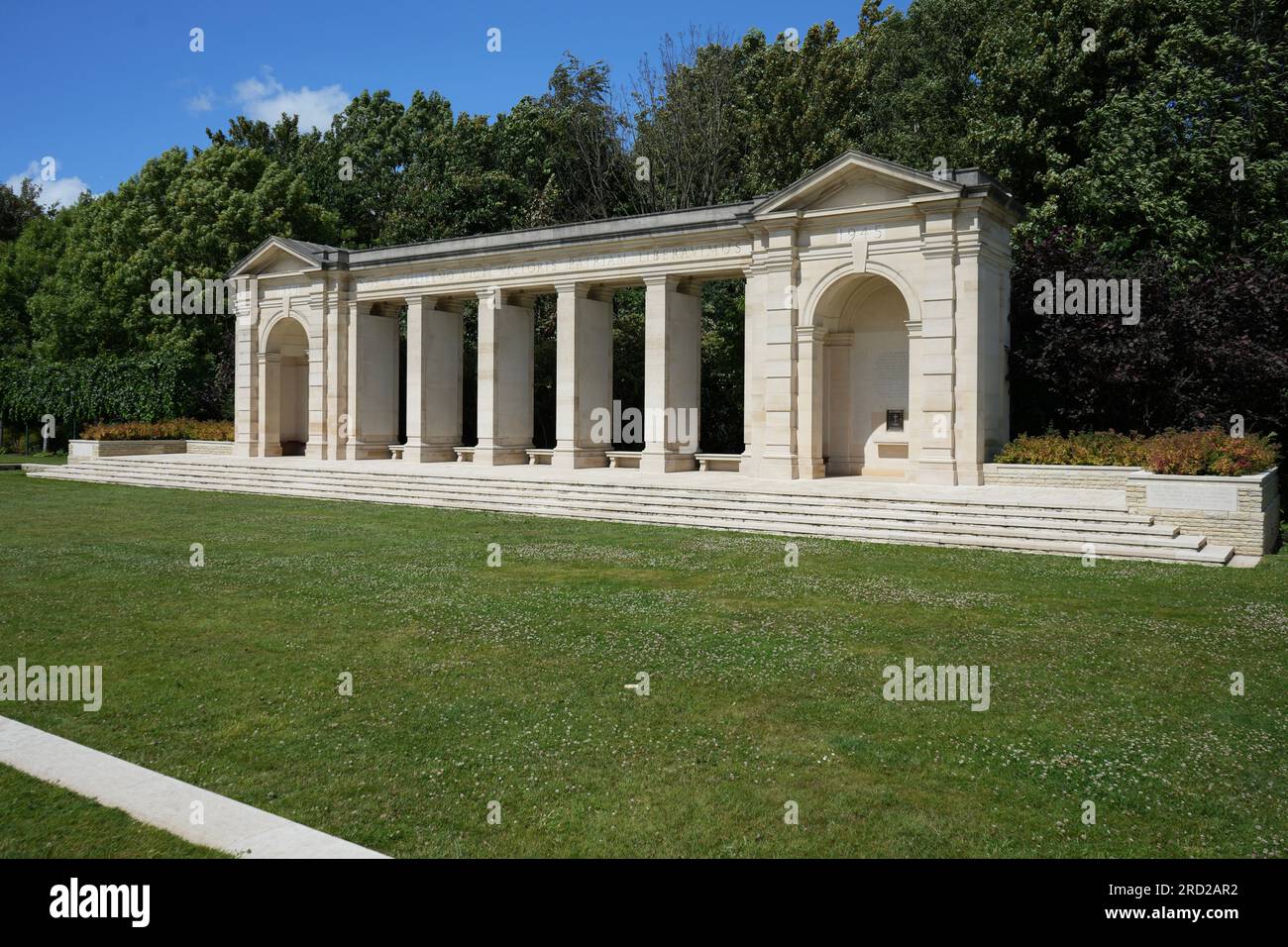 The Bayeux War Memorial with trees and blue skies. Bayeux, France Stock ...