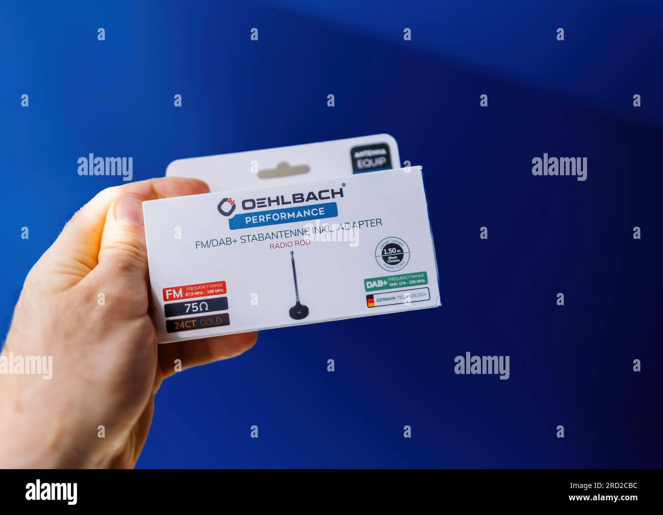 Hamburg, Germany - Mar 27, 2023: POV male hand holding Oehlbach ...