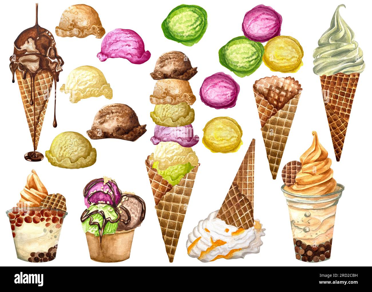 watercolor hand-painted ice cream cone and balls cup frozen gelato of ...