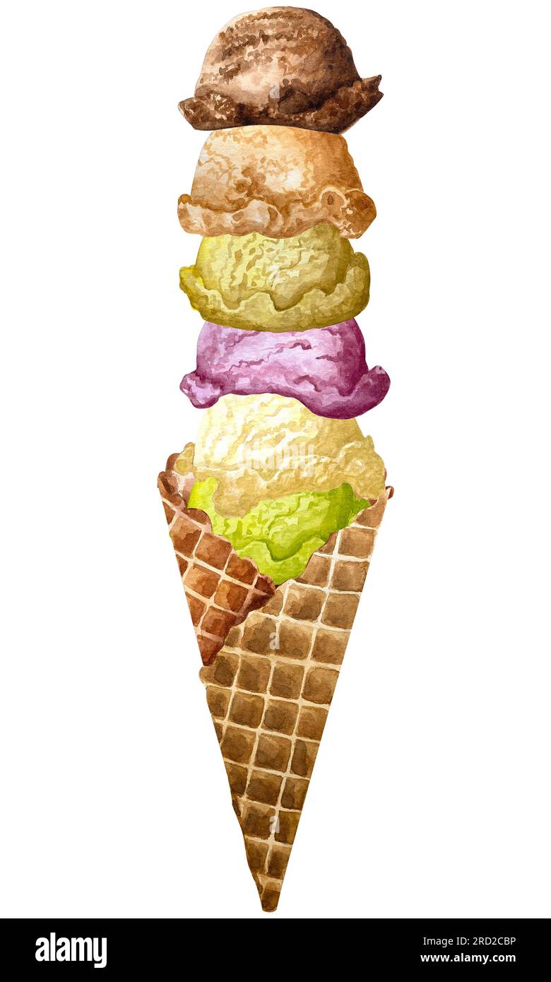 watercolor hand-painted ice cream cone and balls cup frozen gelato of ...