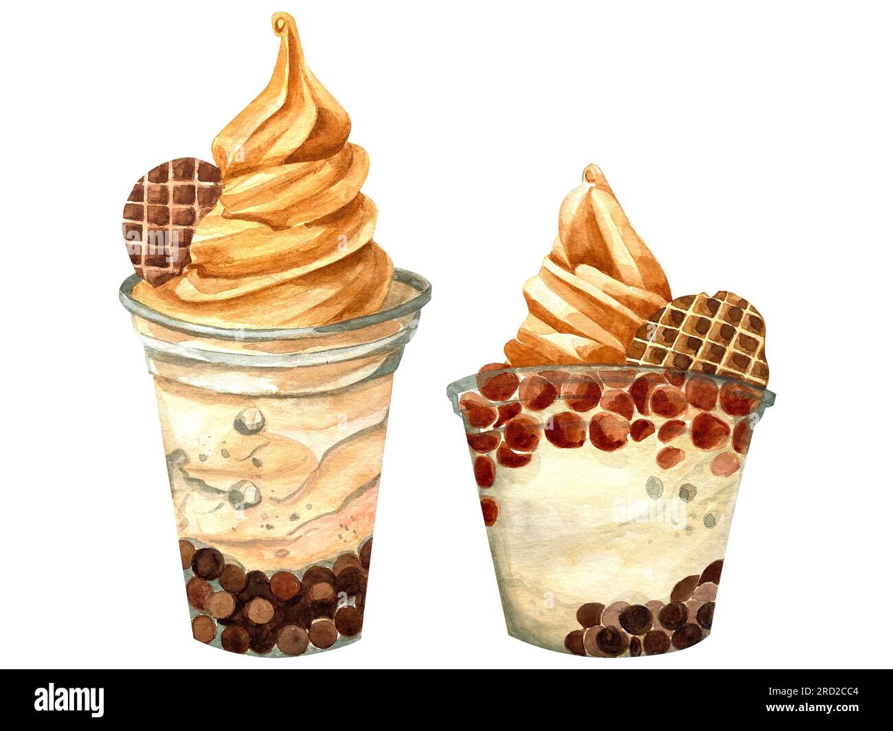 watercolor hand-painted ice cream cone and balls cup frozen gelato of ...