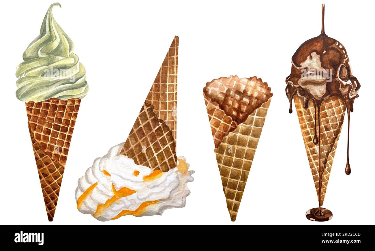 watercolor hand-painted ice cream cone and balls cup frozen gelato of ...