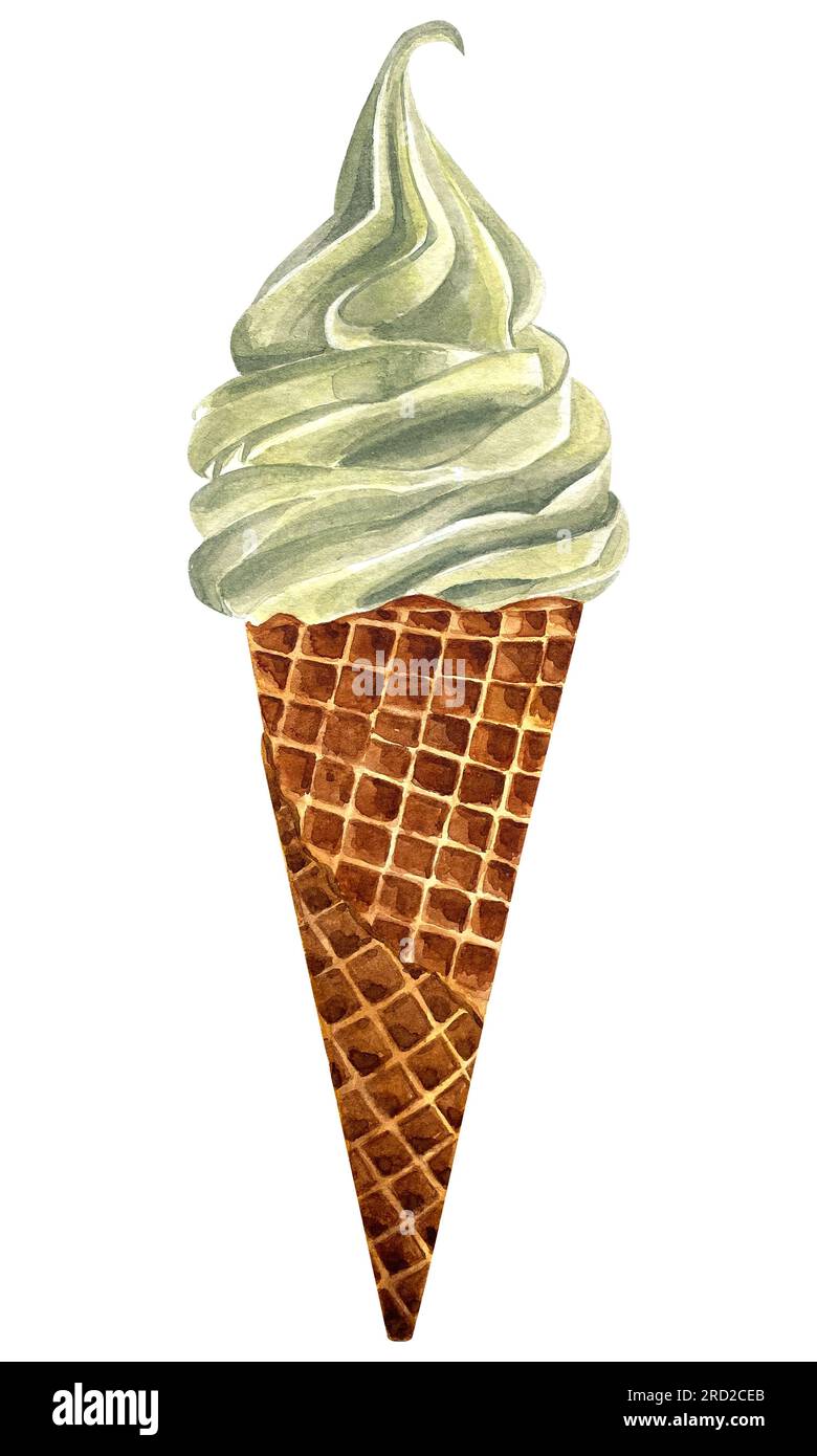 watercolor hand-painted ice cream cone and balls cup frozen gelato of ...
