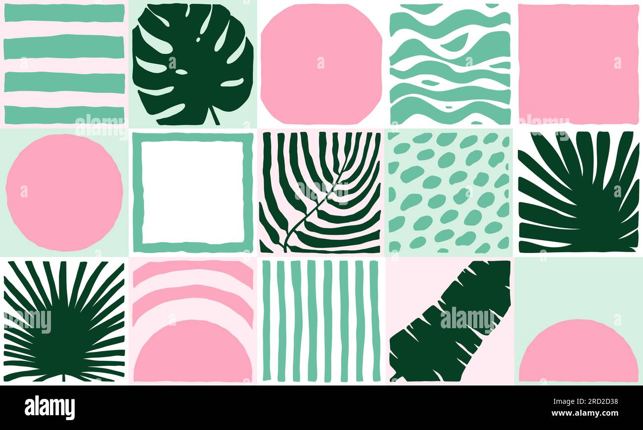 Mint, pink seamless tiled pattern. Hand-drawn exotic plant, tropical ...