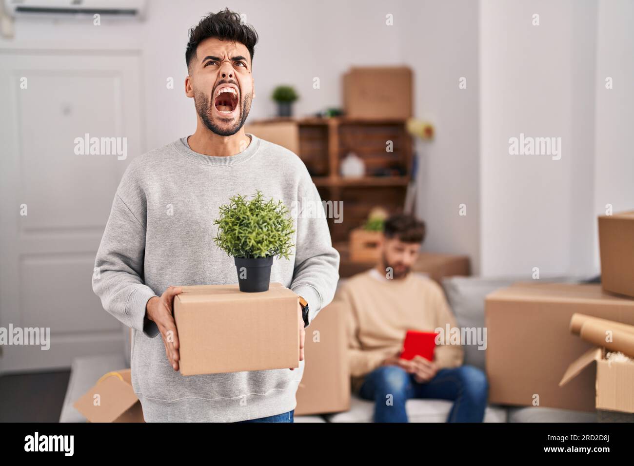 Homosexual couple moving to a new home angry and mad screaming ...
