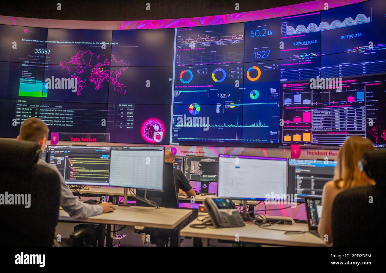 18 July 2023, North Rhine-Westphalia, Bonn: Deutsche Telekom employees sit behind monitors at ...